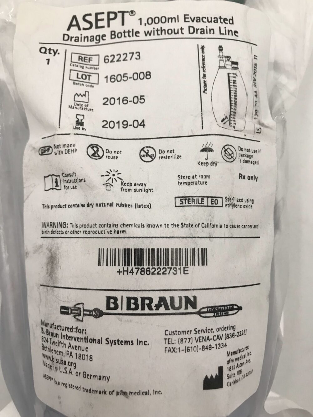 Braun 622273 Asept Evacuated Drainage Bottle w/o Drain Line 1,000mL (X ...