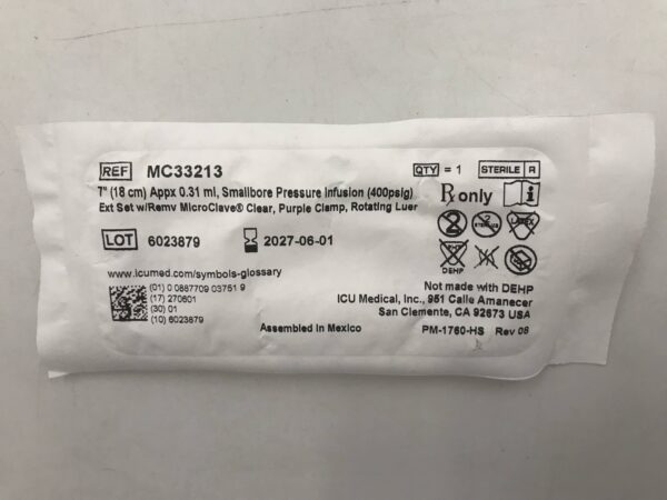 Icu Medical MC33213 7″ (18cm) Appx 0.13ml Smallbore Pressure Infusion ...