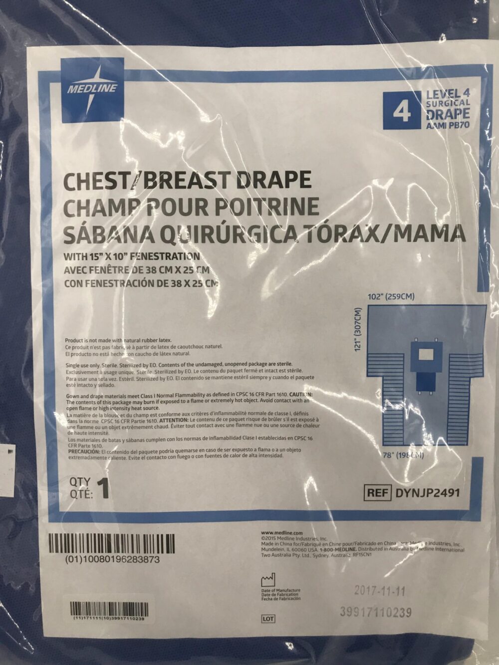 MEDLINE DYNJP2491 Chest/Breast Surgical Drape Level 4, 121" x 102"x 78 ...