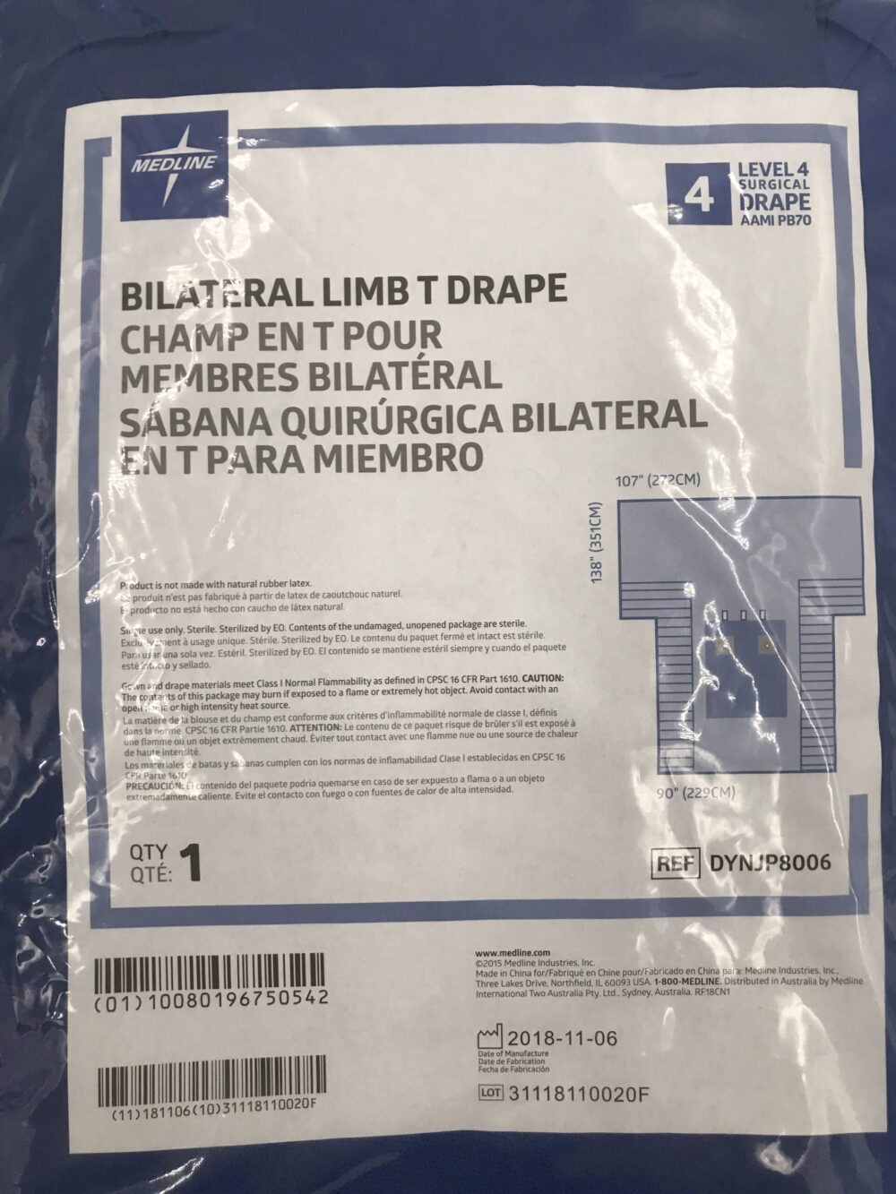 MEDLINE DYNJP8006 Bilateral Limb T Surgical Drape, Level 4, 138"x 107"x ...