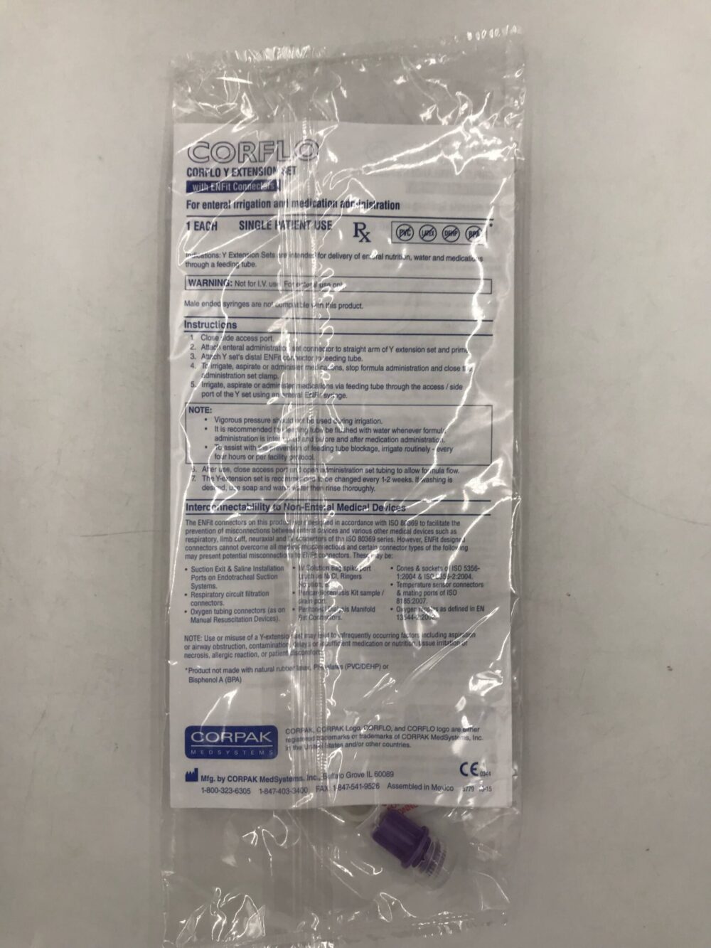 CORPAK 40-1007 Corflo Enteral Y Extension Set w/ ENFit Connectors (X ...