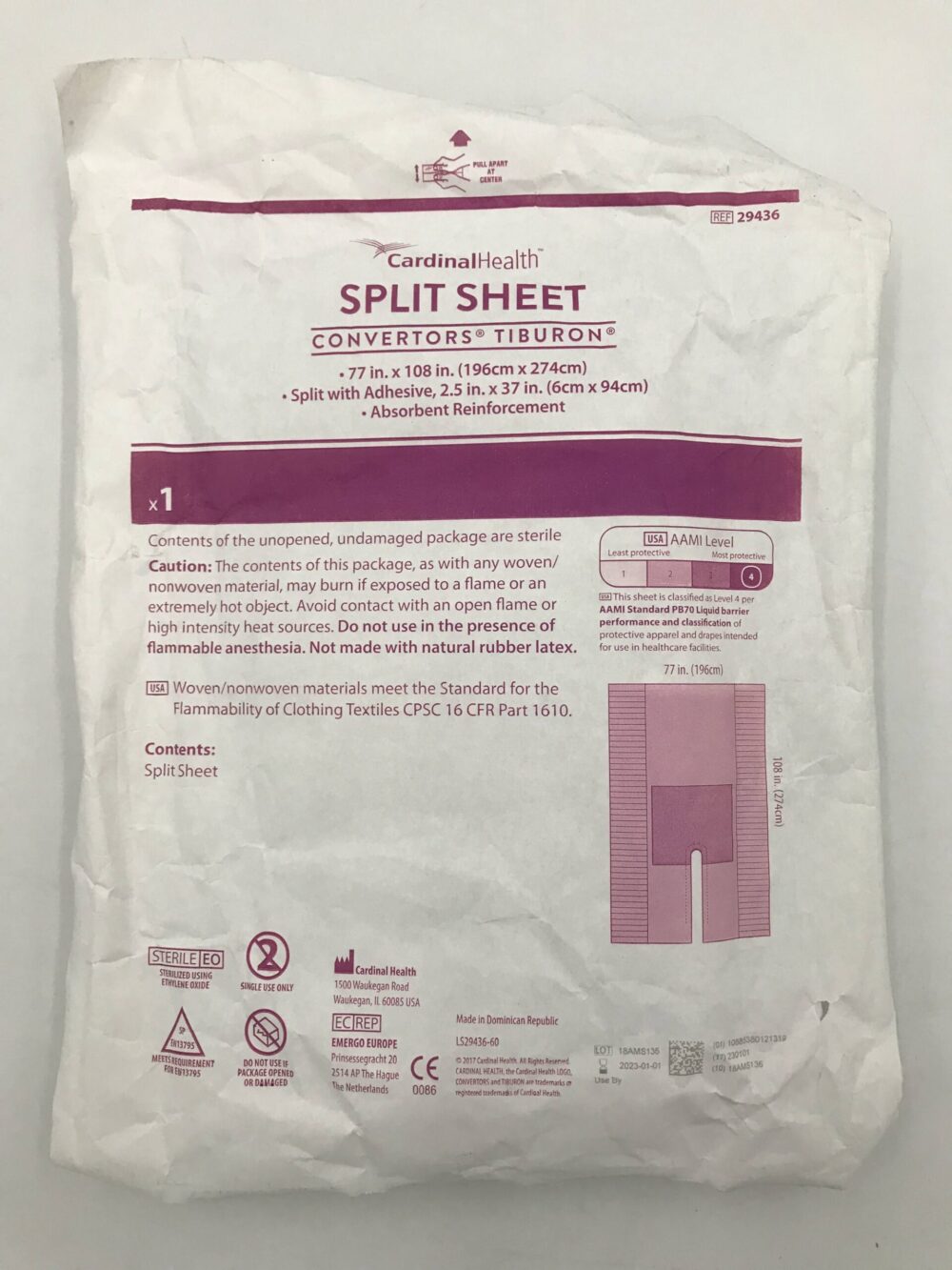CARDINAL HEALTH 29436 Convertors Tiburon Split Sheet AAMI Level 4, 77in ...