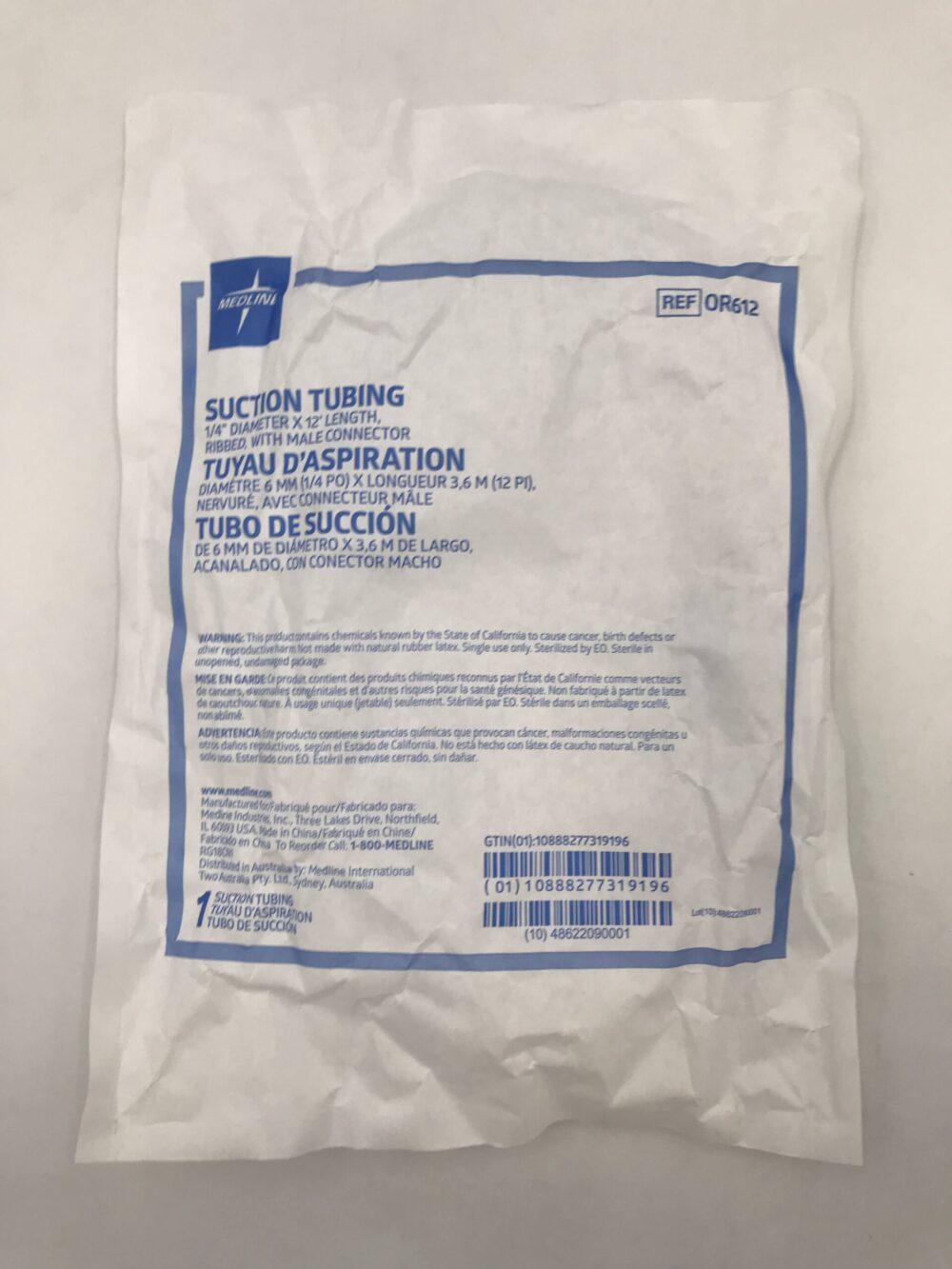 MEDLINE OR612 Suction Tubing 1/4" Diam. x 12' Length, Ribbed with Male ...