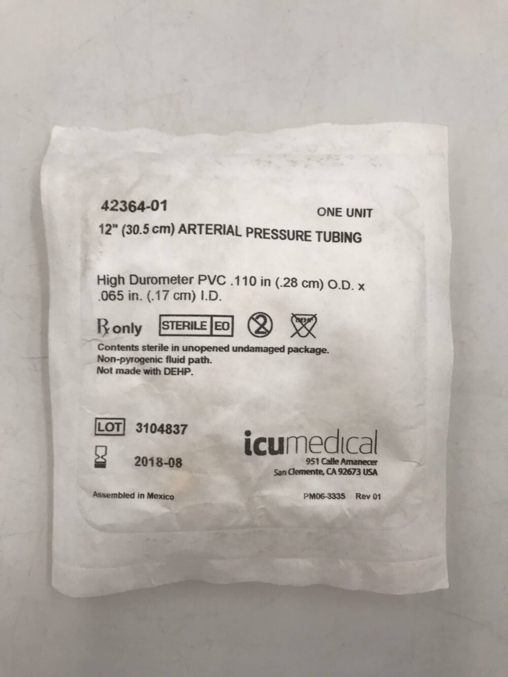 ICU MEDICAL 42364-01 Arterial Pressure Tubing High Durometer PVC 12in x ...