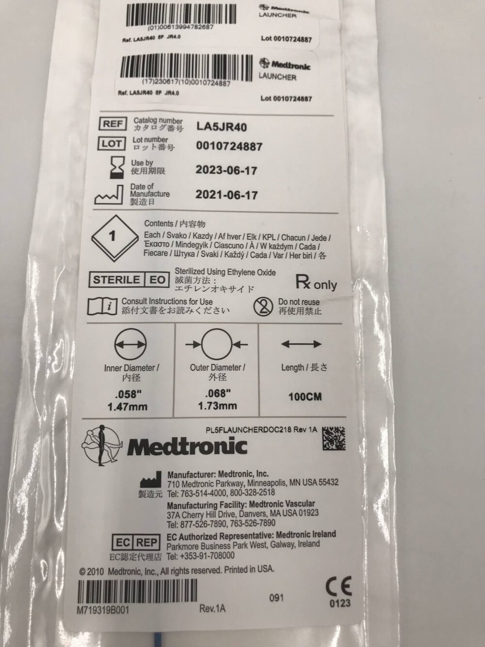 Medtronic LA5JR40 Launcher Guiding Catheter JR4.0 5F 100cm .058" (X ...