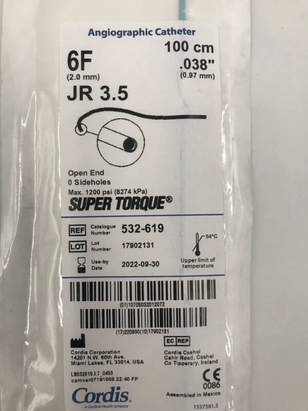 Cordis 532-619 Super Torque Angiographic Catheter JR 3.5 .038″ x 100cm 6F (X) - GB TECH USA