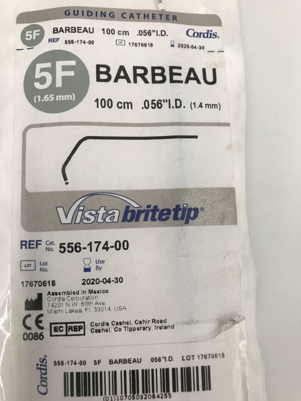 Cordis 556-174-00 Barbeau Vista Brite Tip Guiding Catheter 5F x 100cm ...