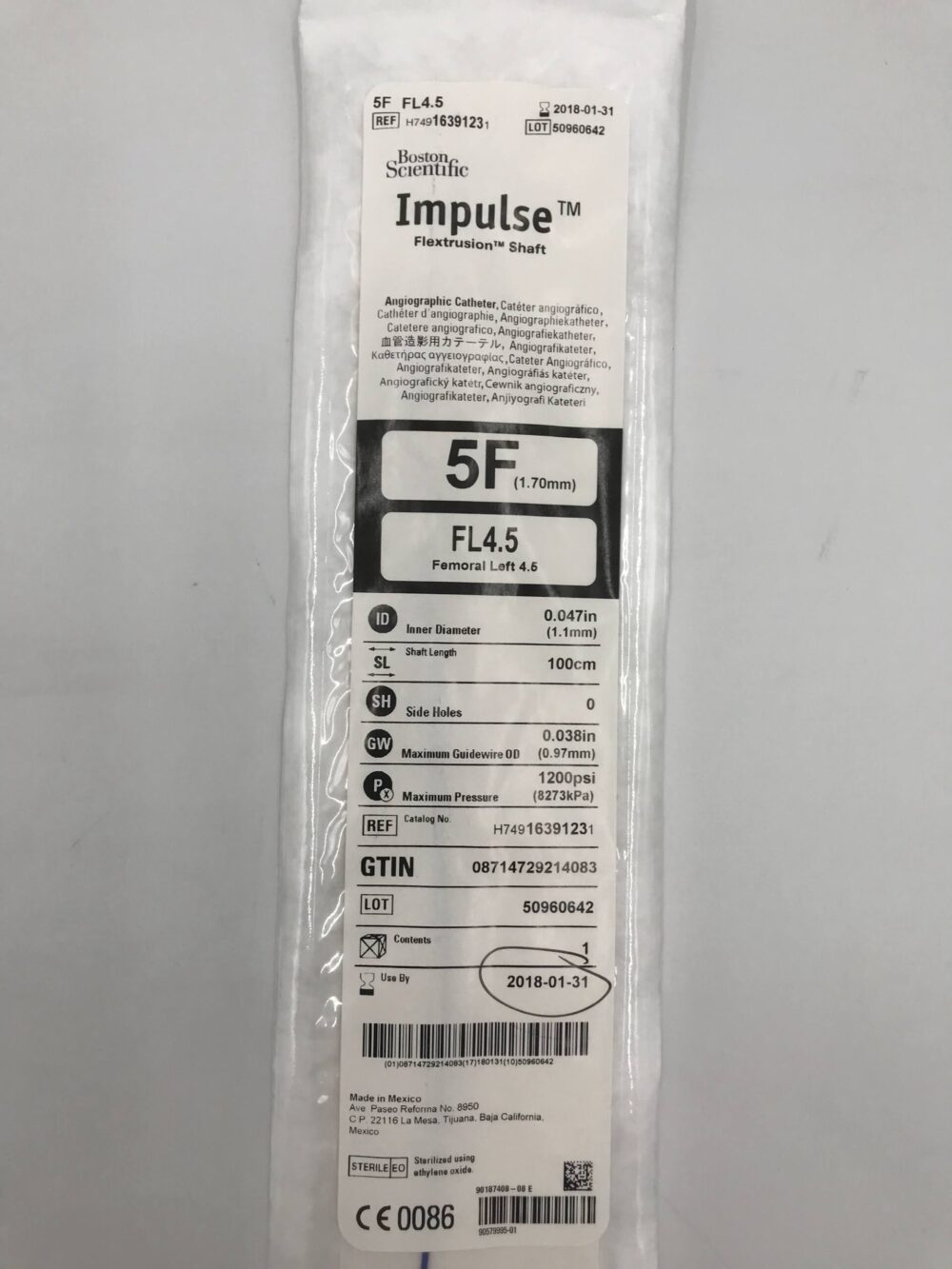 Boston Scientific 1639123 Impulse FL4.5 Femoral Left 4.5 5F (1.70mm) x 100cm Angiographic ...