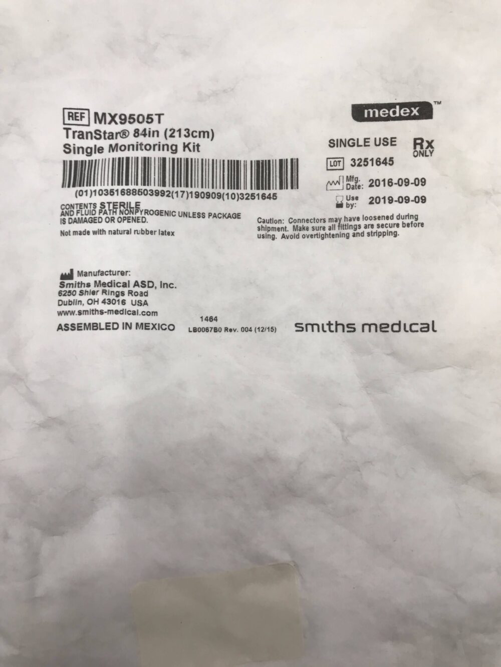 SMITHS MEDICAL MX9505T Medex TranStar Single Monitoring Kit 84in (X ...