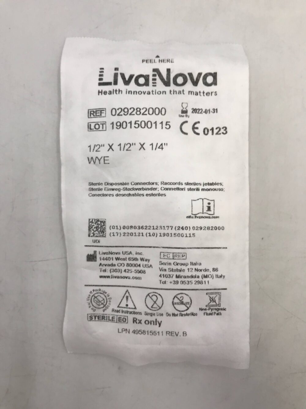 LivaNova 029282000 Disposable WYE Connector 1/2in x 1/2in x 1/4in (X ...