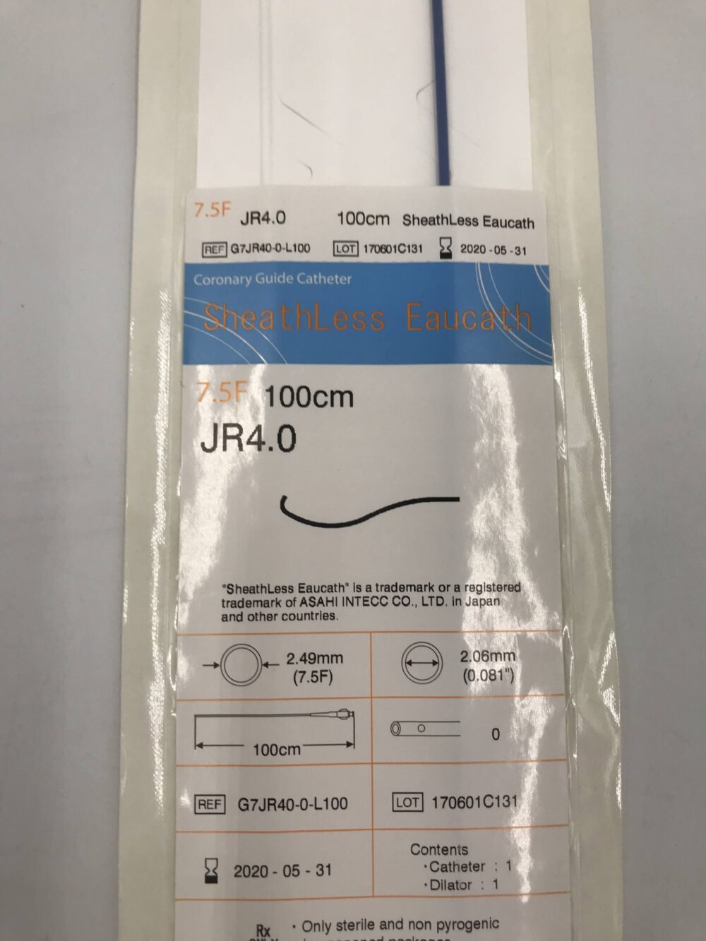 Asahi Intecc G7JR40-0-L100 Sheathless Eaucath JR4.0 Coronary Guide ...