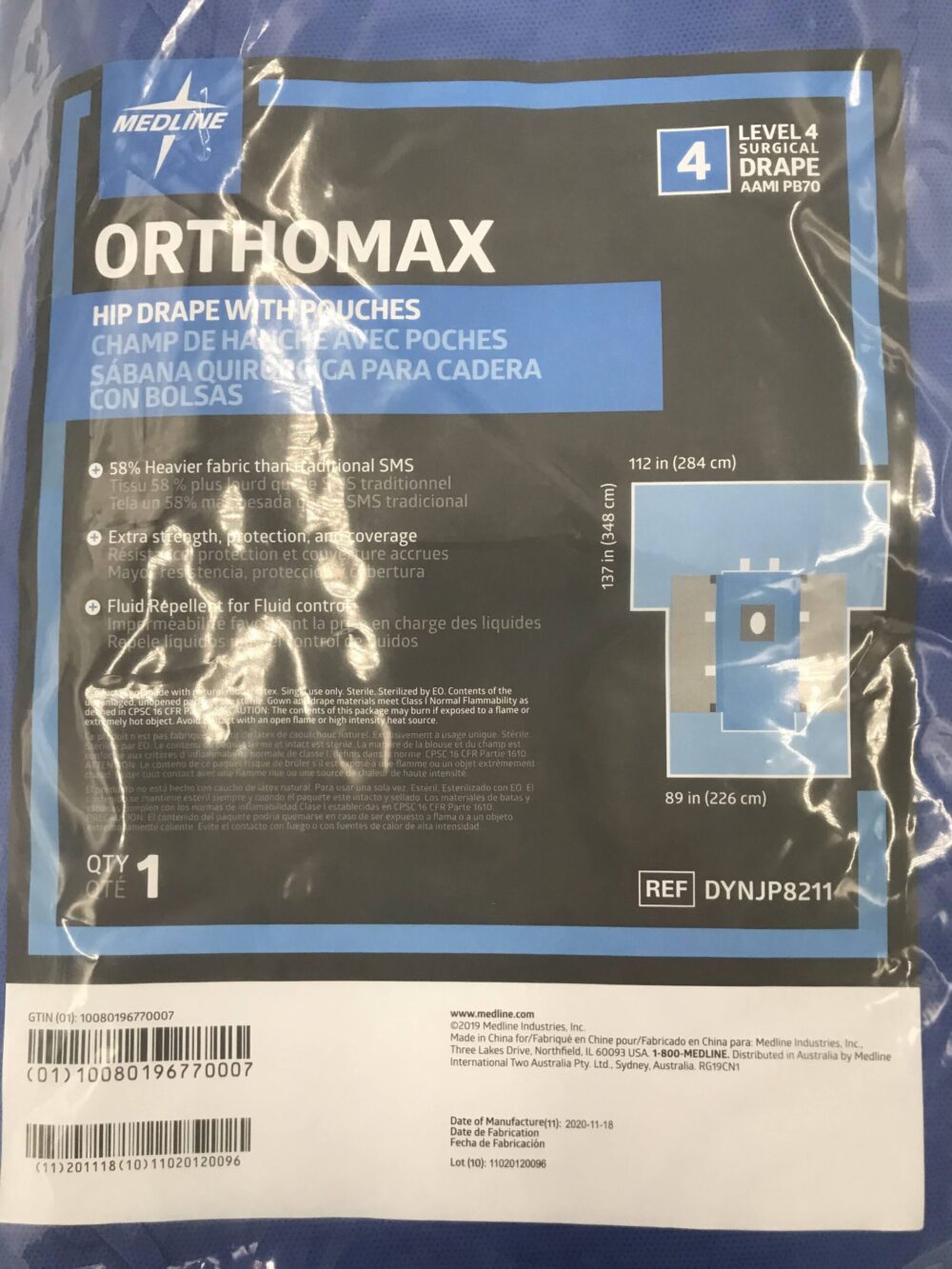 MEDLINE DYNJP8211 Orthomax Hip Surgical Drape w/Pouches AAMI Level 4, 137in x 112in - GB TECH USA