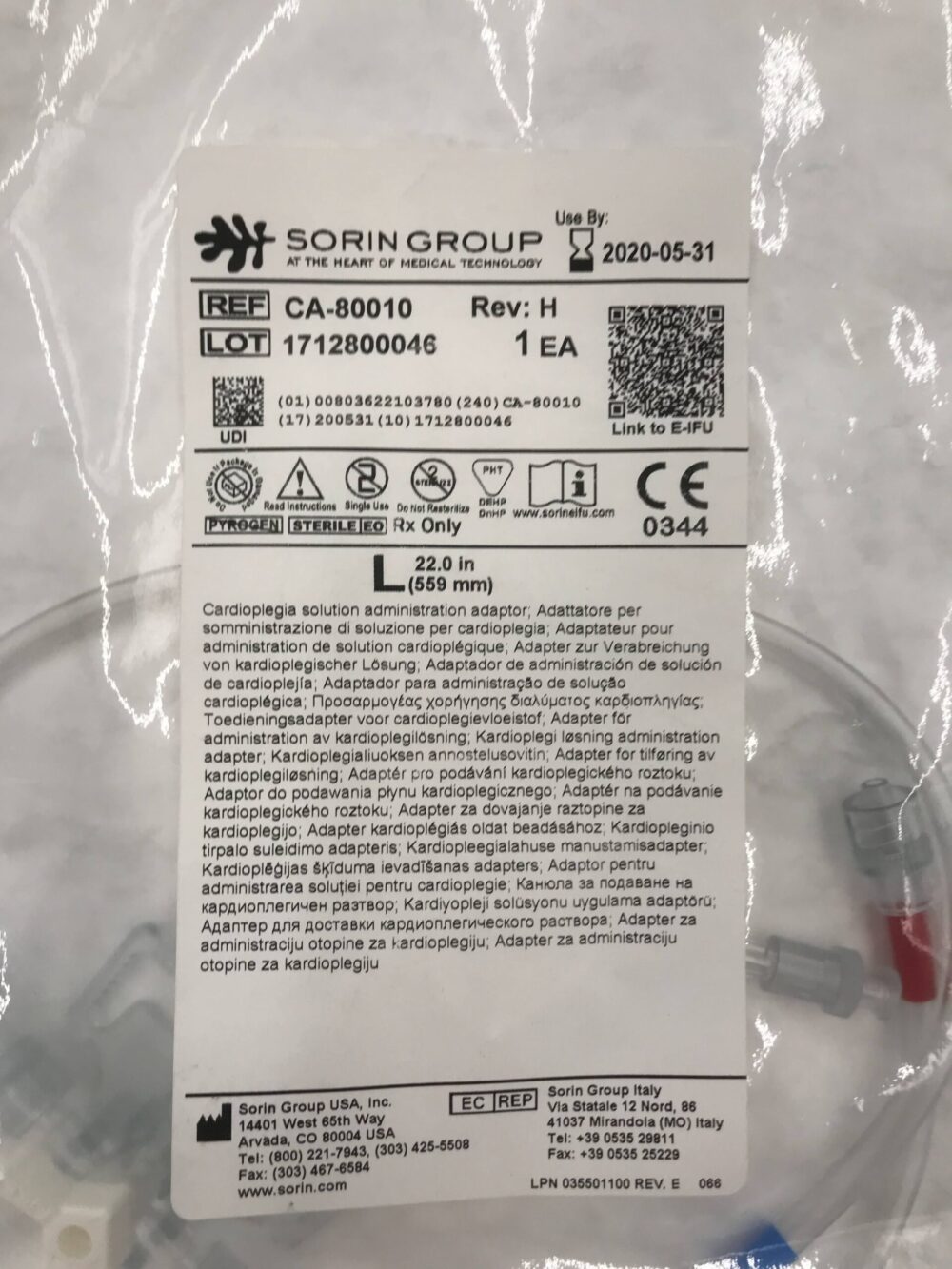 SORIN CA-80010 Cardioplegia Solution Administration Adaptor L, 22in ...