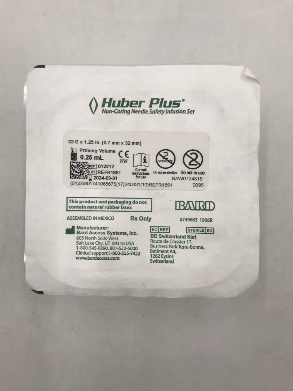 BARD 012212 Huber Plus Non-Coring Needle Safety Infusion Set 22G x 1 ...
