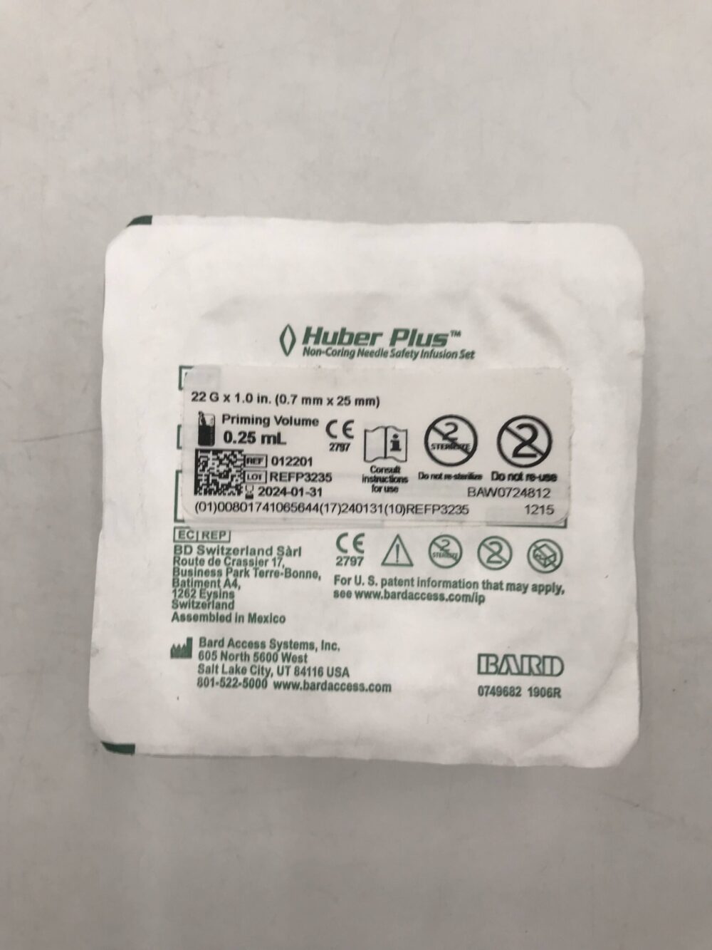 BARD 012201 Huber Plus Non-Coring Needle Safety Infusion Set 22G x 1in ...