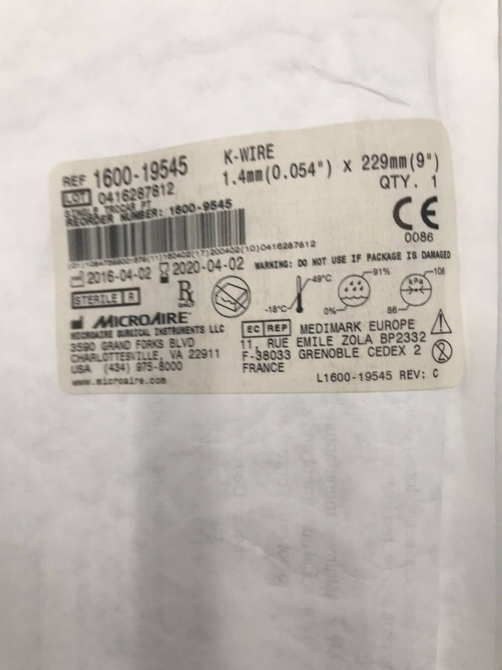 MICROAIRE 1600-19545 K-Wire 1.4mm x 229mm (X) - GB TECH USA