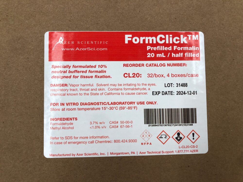 AZER SCIENTIFIC CL20 FormClick Prefilled Formalin 20mL/Half Filled ...