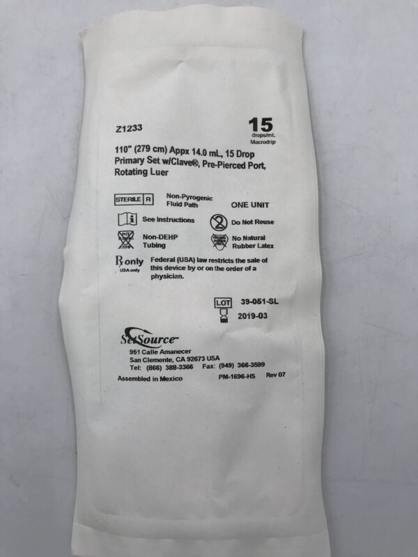 Set Source Z1233 Primary Set w/Clave, Pre-Pierced Port, Rotating Luer ...