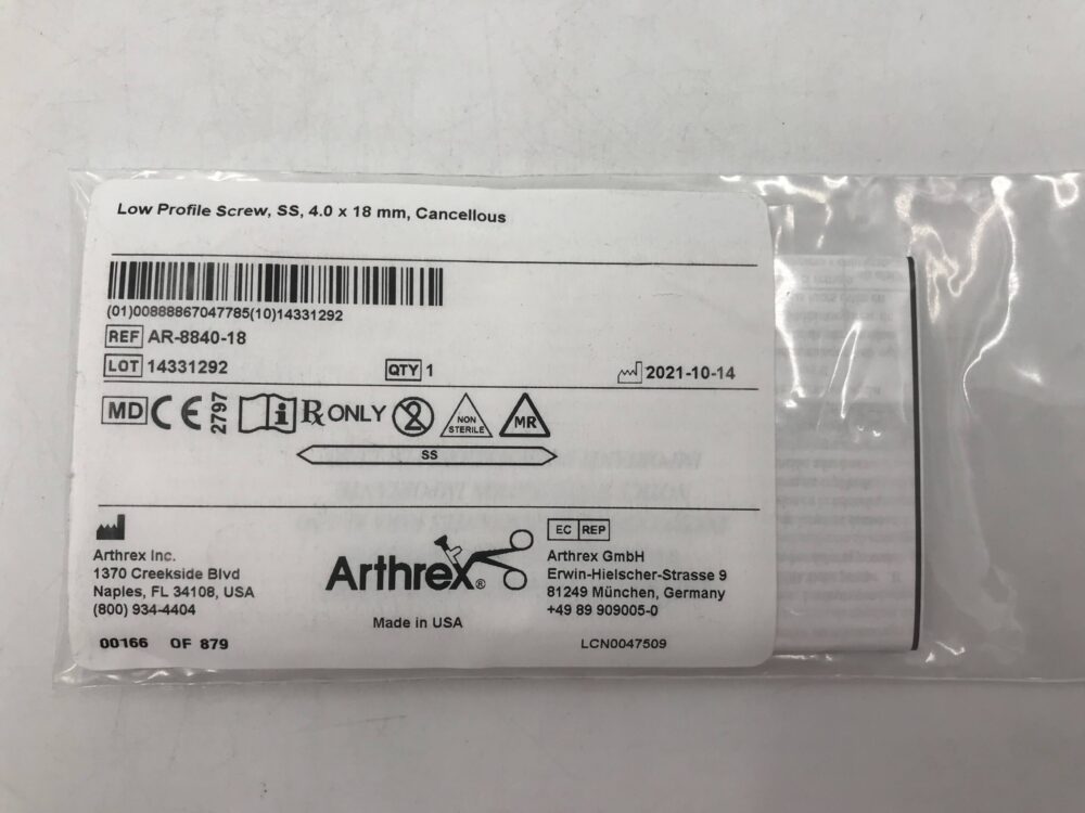 Arthrex AR-8840-18 Low Profile Screw SS 4.0 x 18mm Cancellous - GB TECH USA