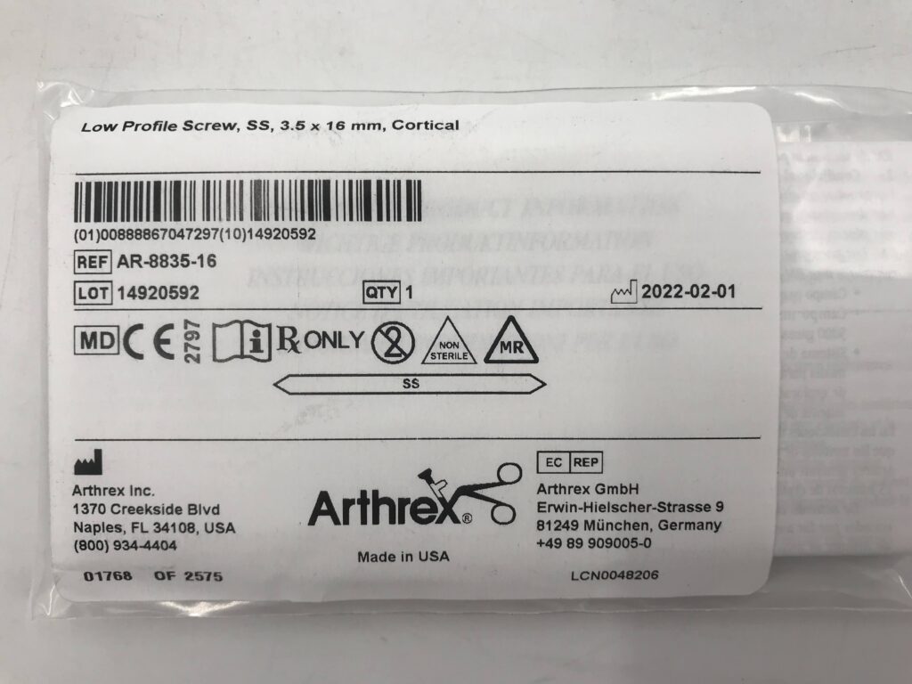 Arthrex AR-8835-16 Low Profile Screw SS 3.5 x 16mm Cortical - GB TECH USA