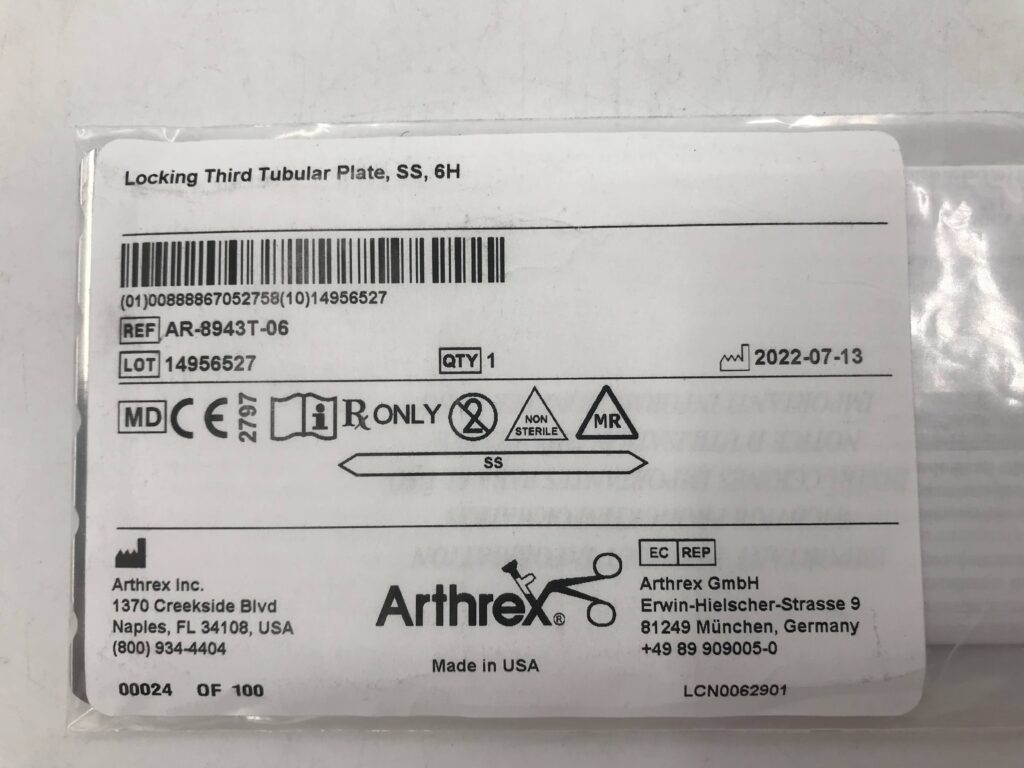 Arthrex AR-8943T-06 Locking Third Tubular Plate SS 6H - GB TECH USA
