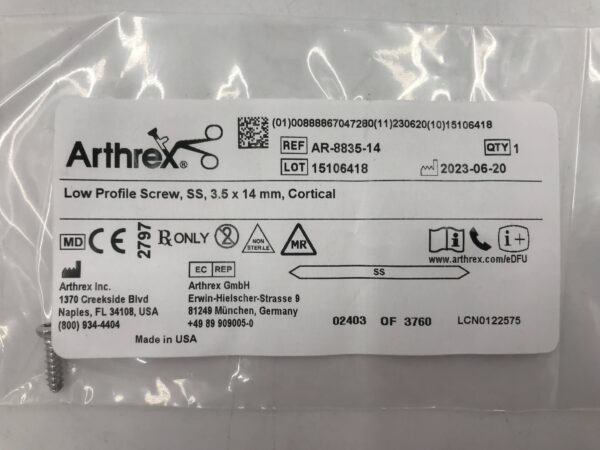Arthrex AR-8835-14 Low Profile Screw SS 3.5 x 14mm Cortical - GB TECH USA