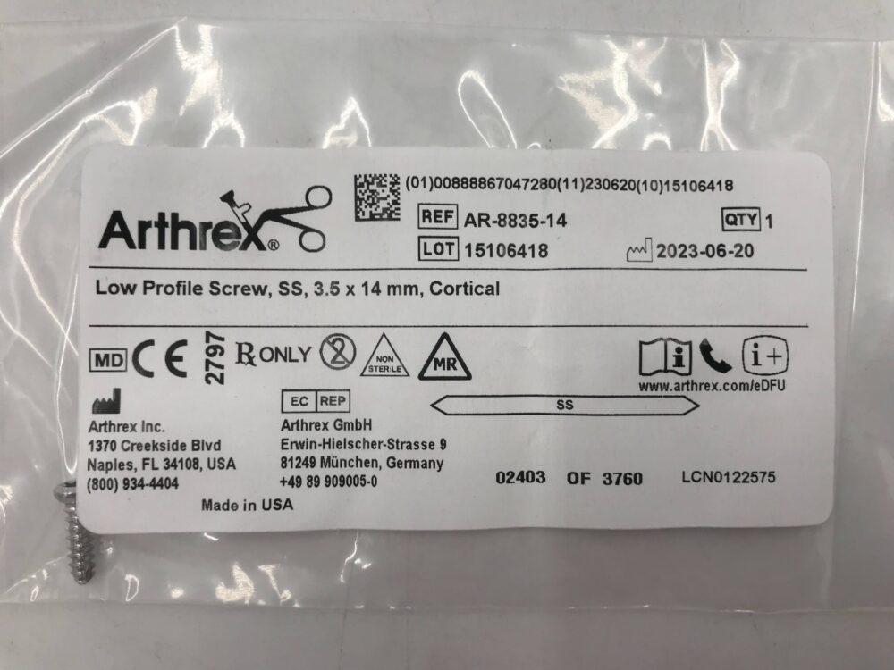 Arthrex AR-8835-14 Low Profile Screw SS 3.5 x 14mm Cortical - GB TECH USA