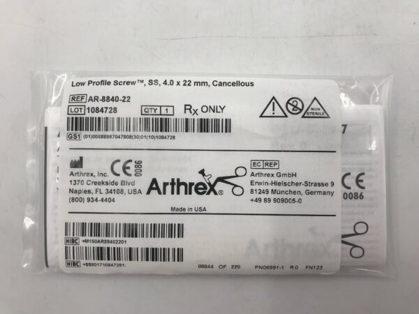 Arthrex AR-8840-22 Low Profile Screw SS 4.0 x 22mm Cancellous – GB TECH USA
