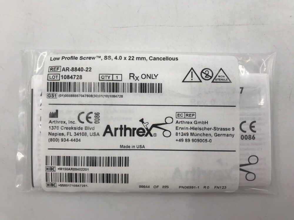 Arthrex AR-8840-22 Low Profile Screw SS 4.0 x 22mm Cancellous - GB TECH USA