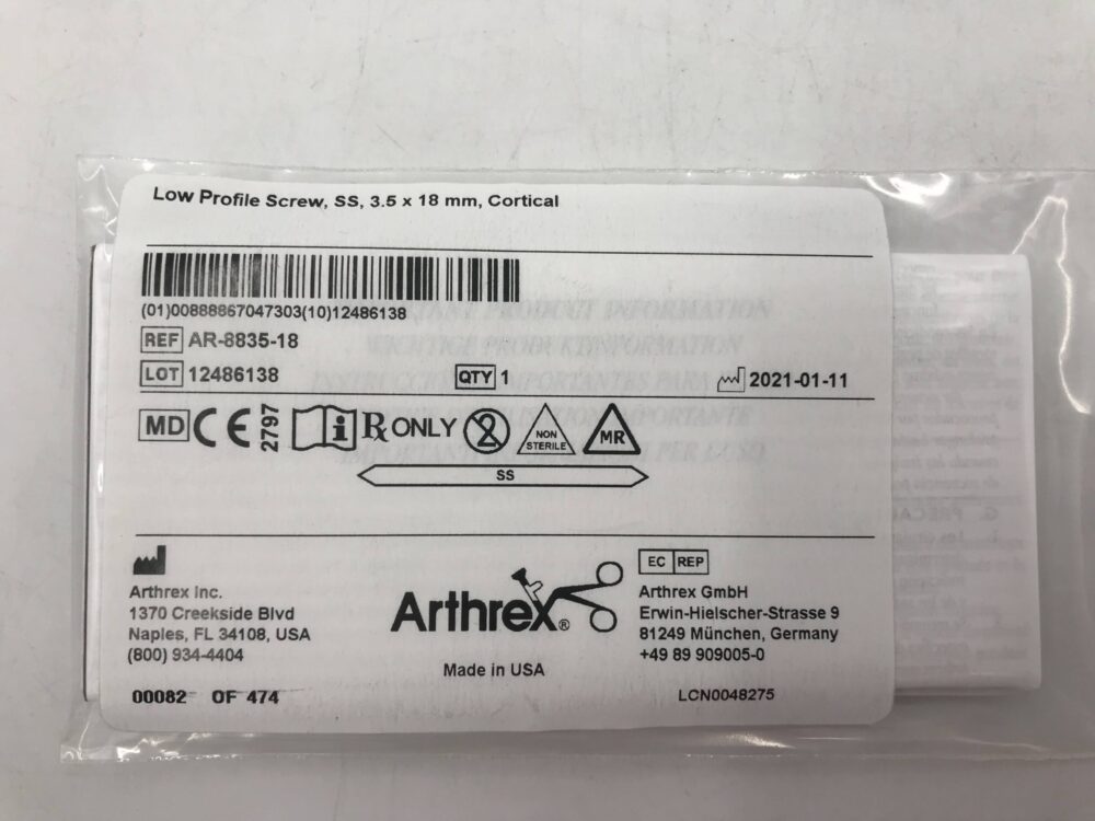 Arthrex AR-8835-18 Low Profile Screw SS 3.5 x 18mm Cortical - GB TECH USA