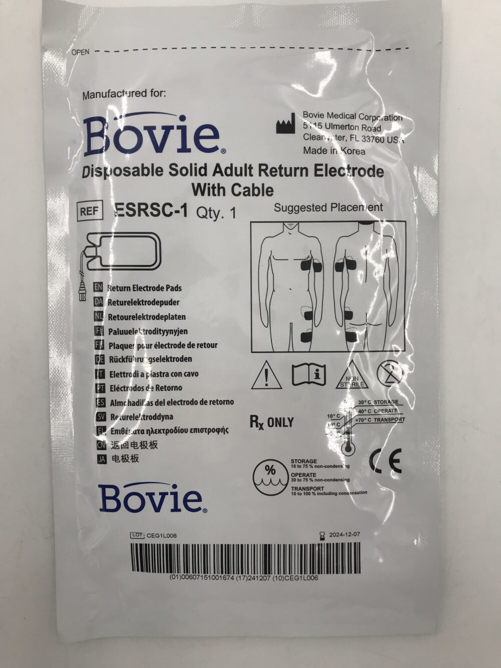 Bovie ESRSC-1 Disposable Solid Adult Return Electrode with Cable - GB ...