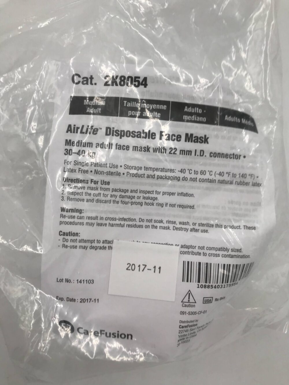 CareFusion 2K8054 AirLife Disposable Face Mask Medium Adult with 22mm I ...