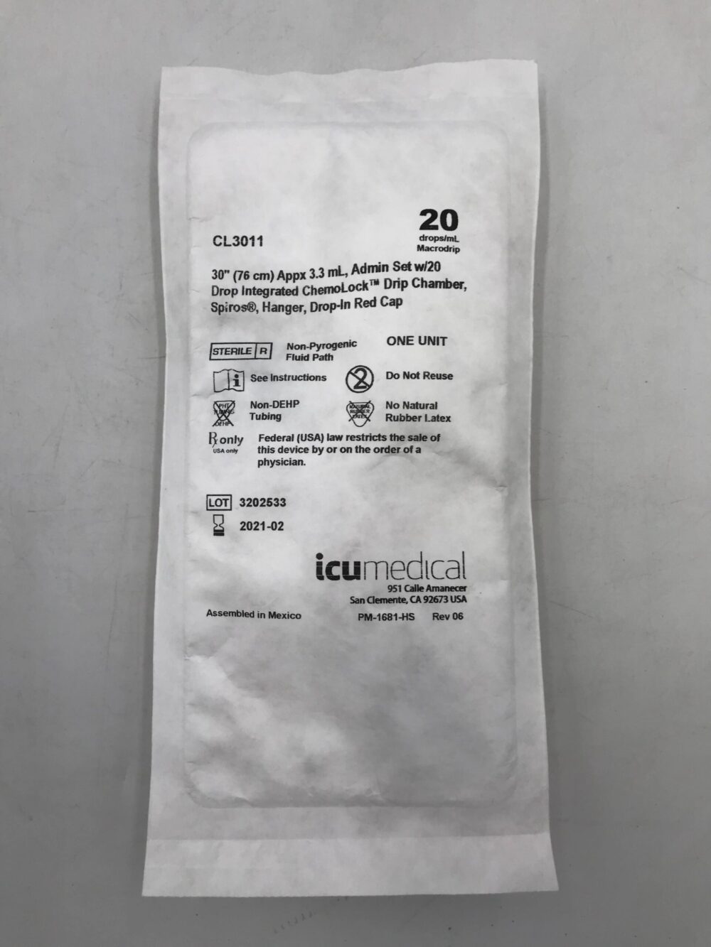 ICU MEDICAL CL3011 Appx 3.3m Admin. Set w/20Drop Integrated ChemoLock ...