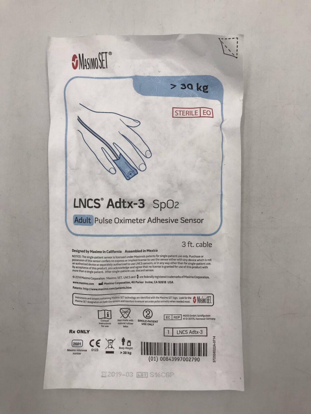 MASIMO 2601 Adult Pulse Oximeter Adhesive SpO2 Sensor w/3ft Cable >30kg ...
