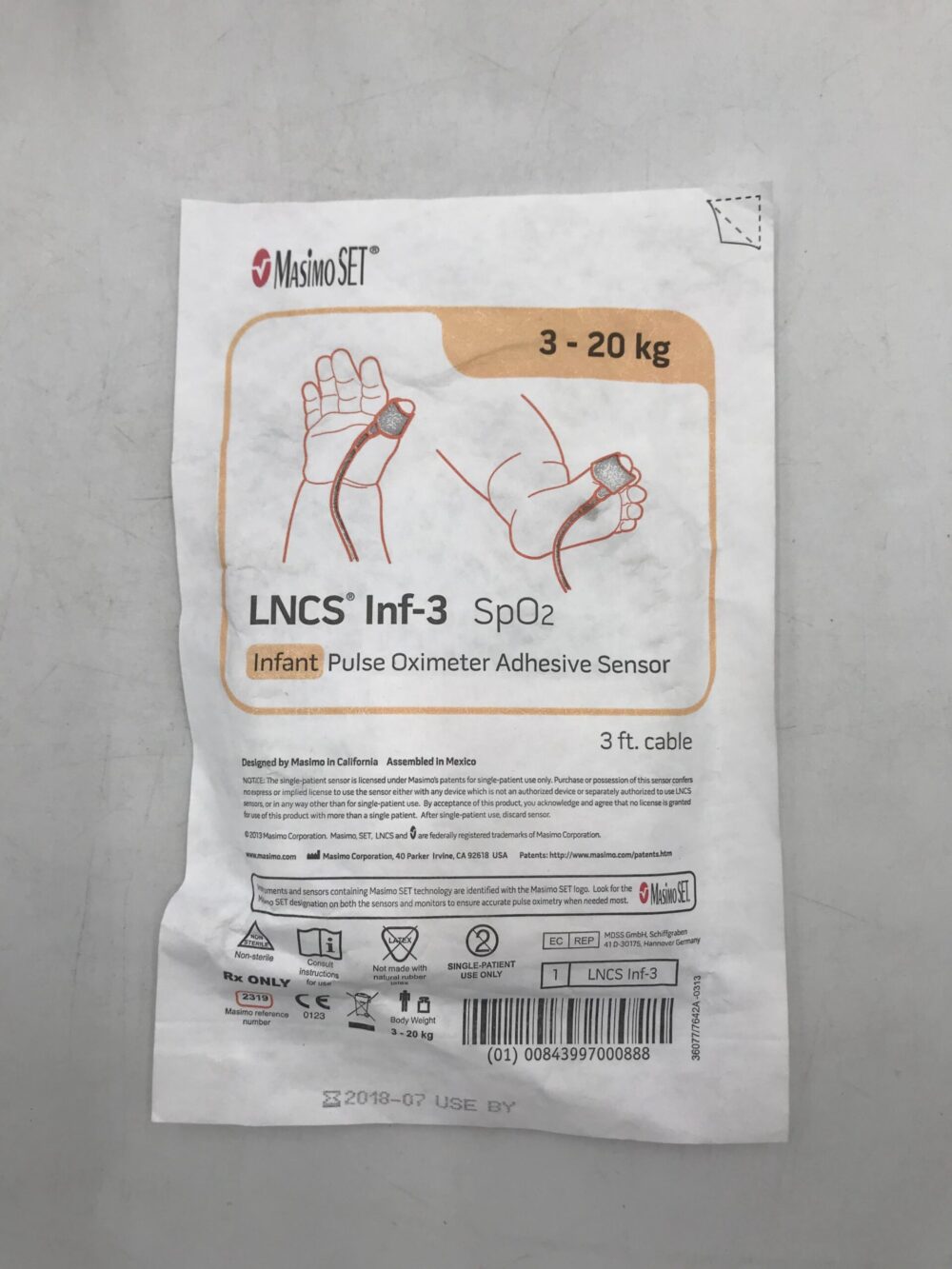 MASIMO 2319 Infant Pulse Oximeter Adhesive SpO2 Sensor w/3ft Cable, 3-20kg(X) - GB TECH USA