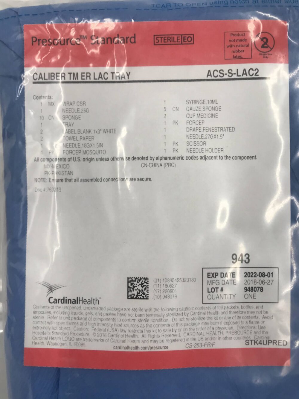 Cardinal Health ACS-S-LAC2 Caliber TM ER Lac Tray (X) - GB TECH USA