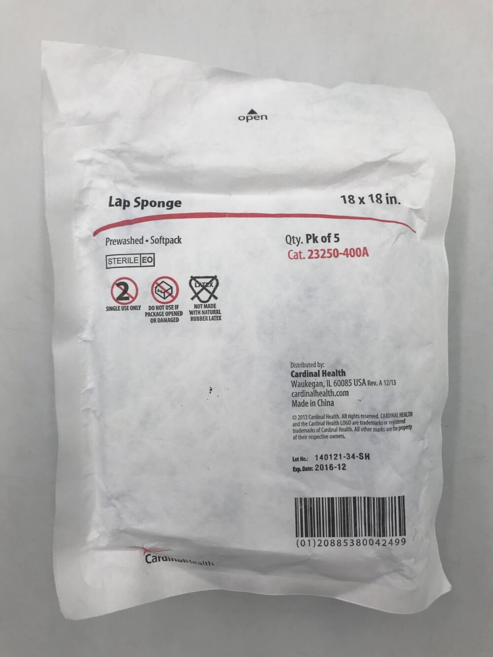 CARDINAL HEALTH 23250-400A Lap Sponge Prewashed, Softpack 18x18in (5 ...