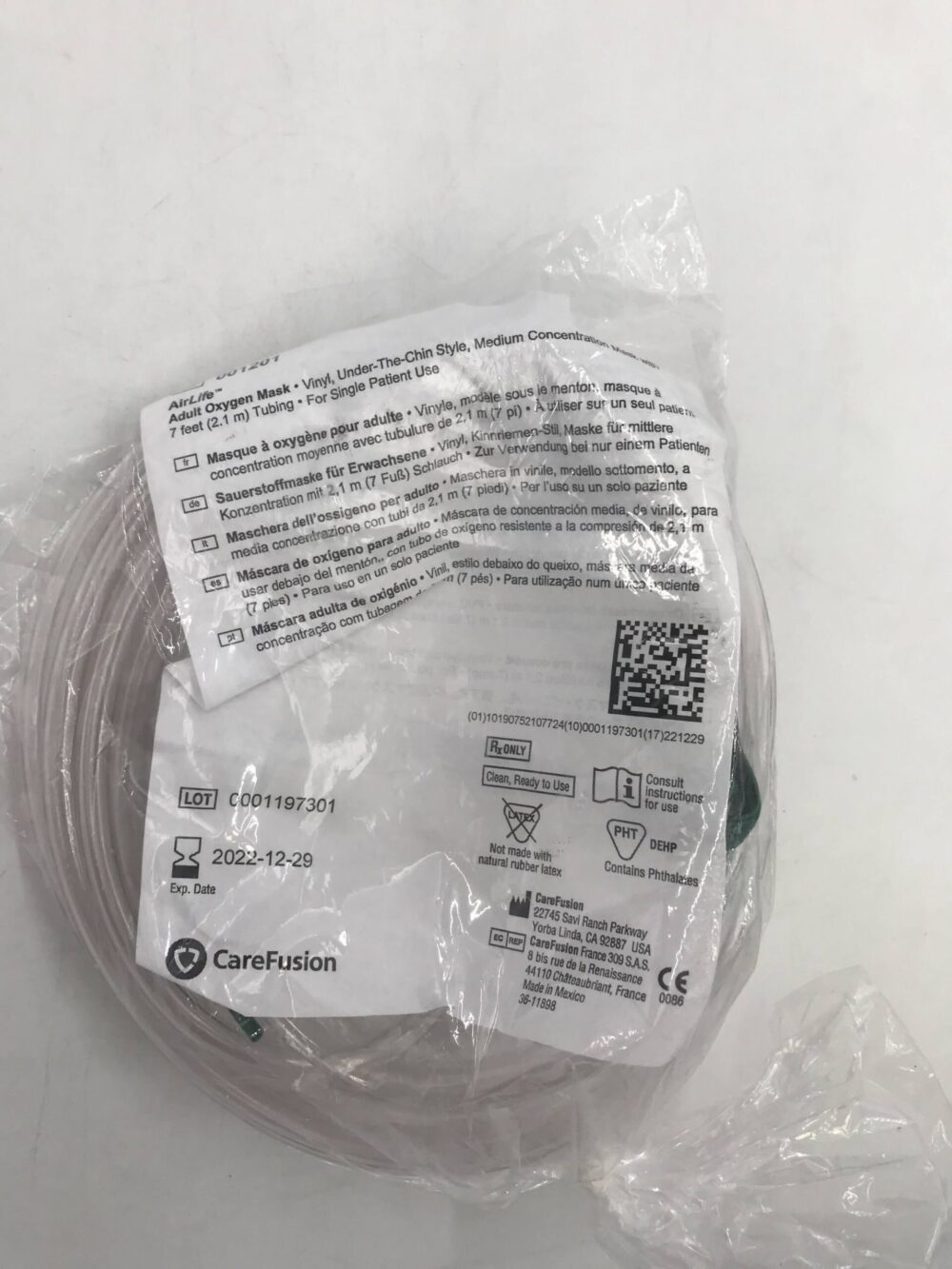 CareFusion 001201 AirLife Adult Oxygen Mask Under The Chin Style 7ft ...