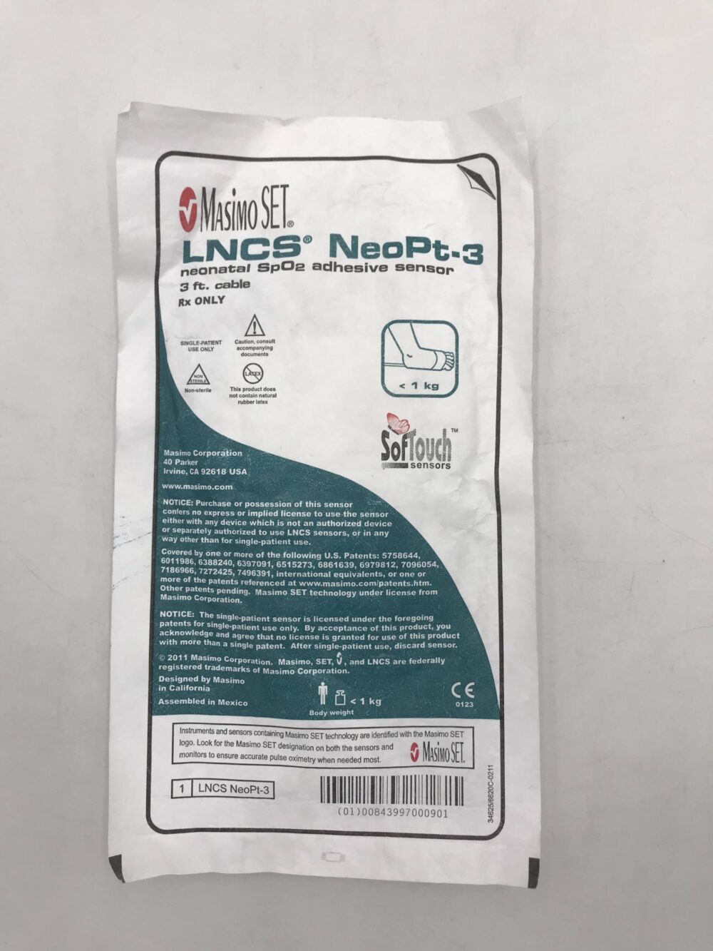 MASIMO LNCS NeoPt-3 SofTouch Neonatal SpO2 Adhesive Sensor w/3ft Cable