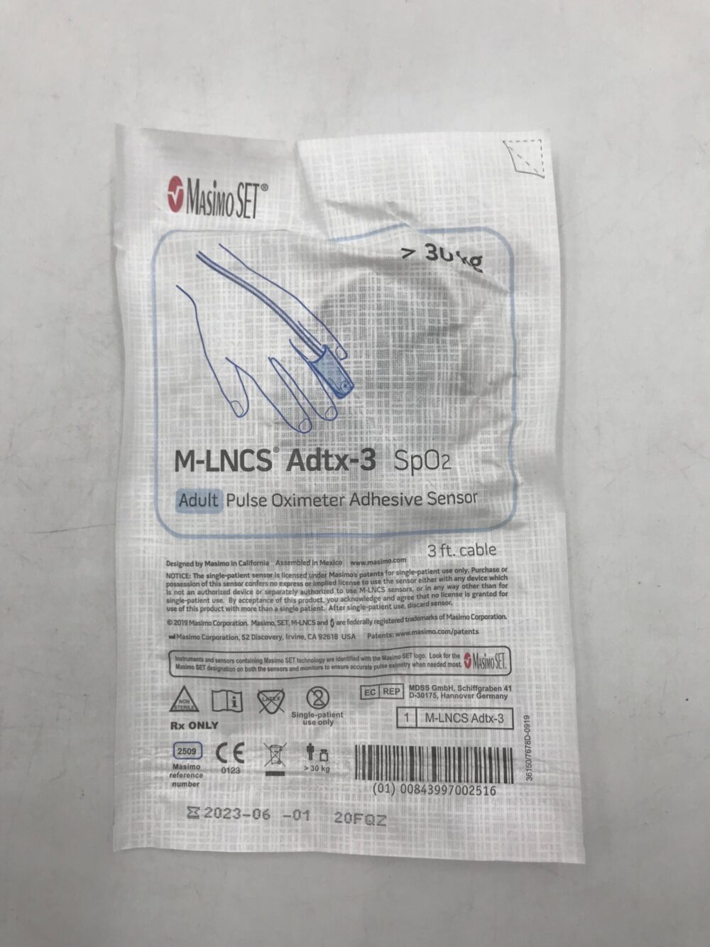 MASIMO 2509 M-LNCS Adtx-3 SpO2 Adult Pulse Oximeter Adhesive Sensor ...