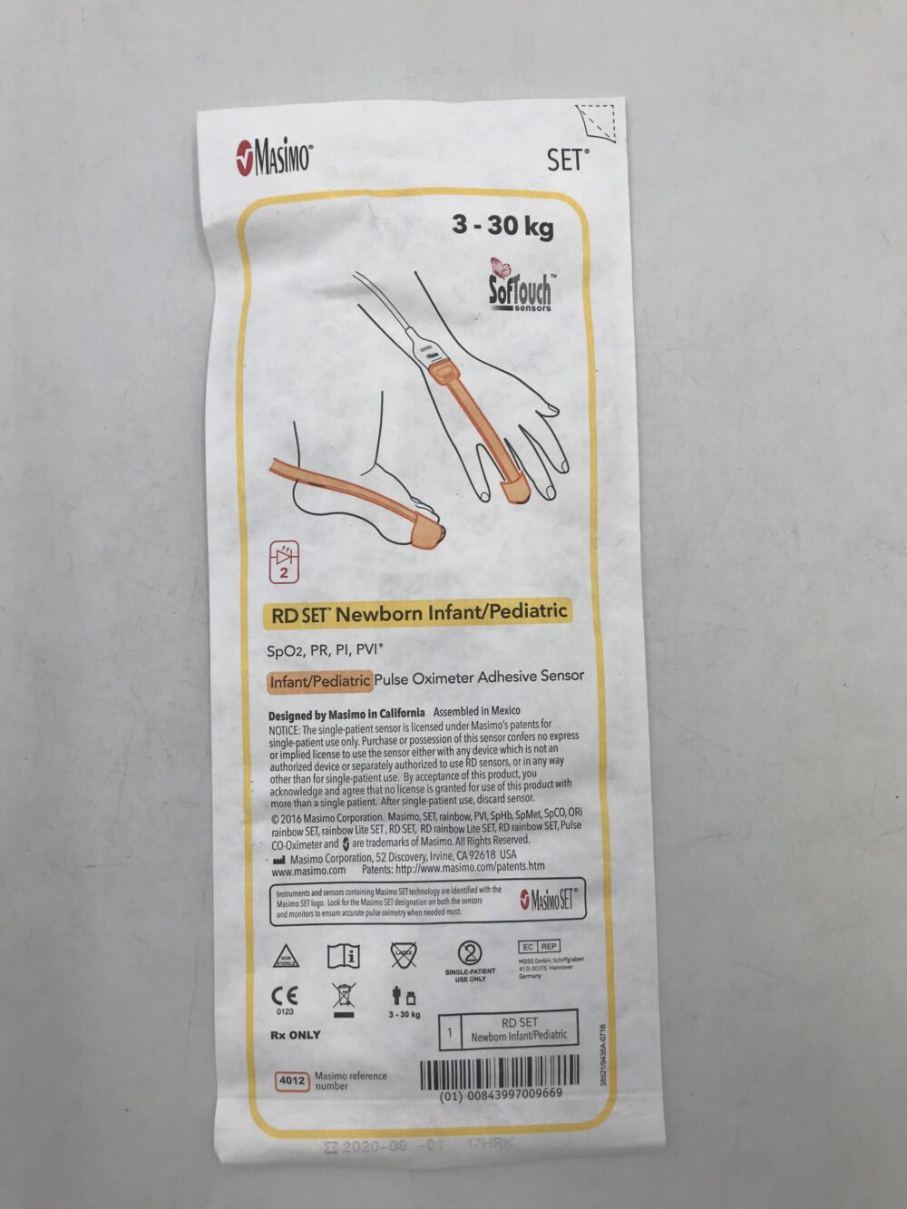 MASIMO 4012 SofTouch RD Set Newborn Infant/Pediatric, SpO2, PR, Pi, Pvi ...