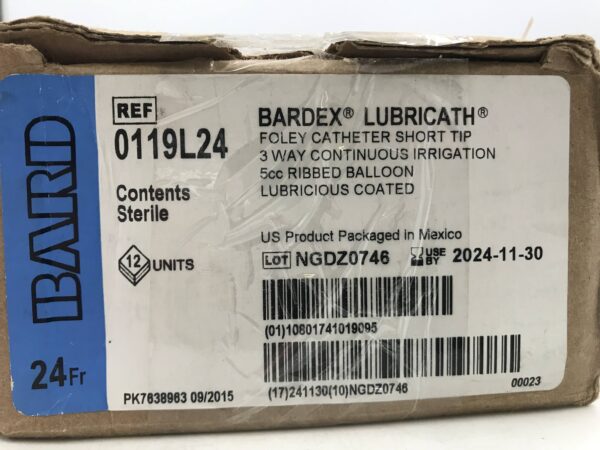 Bard 0119L24 Bardex Lubricath Foley Catheter Short Tip 3 Way Continuous ...