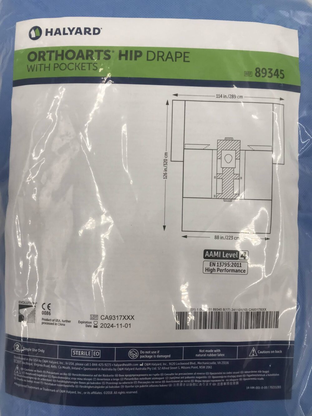 HALYARD 89345 Orthoarts Hip Drape w/Pockets AAMI Level 4, 126x114x88in ...