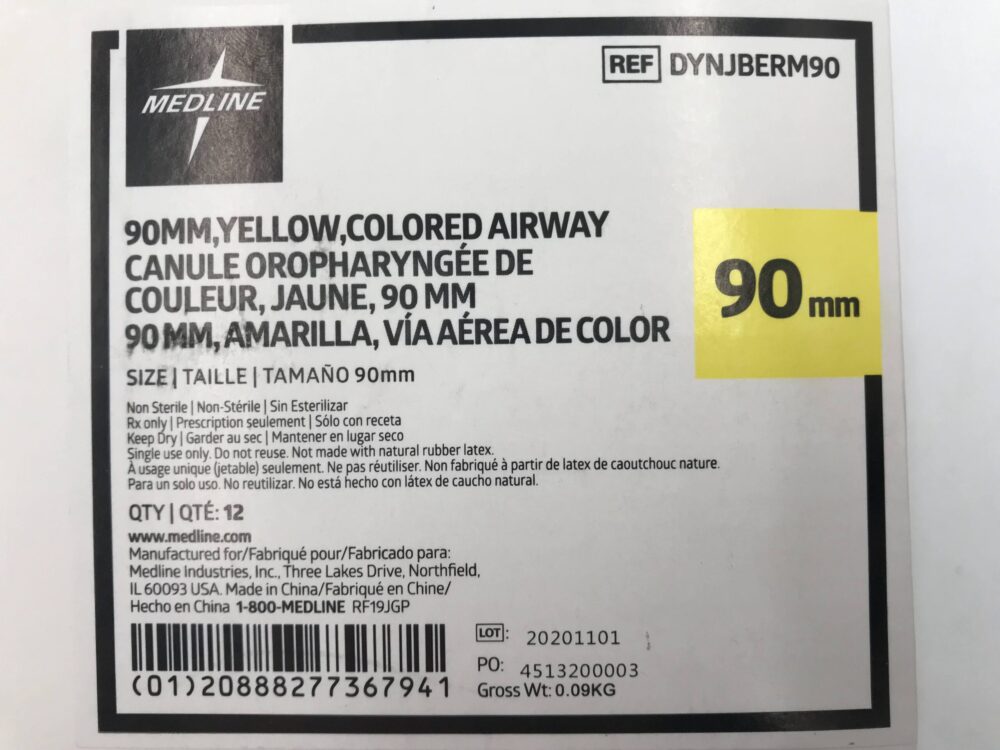 Medline DYNJBERM90 Yellow Colored Airway 90mm (12/Box) - GB TECH USA