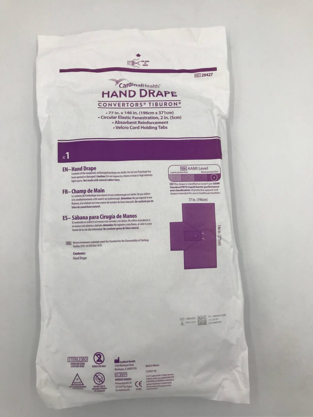 CARDINAL HEALTH 29427 Convertors Tiburon Hand Drape AAMI Level 4, 77in ...