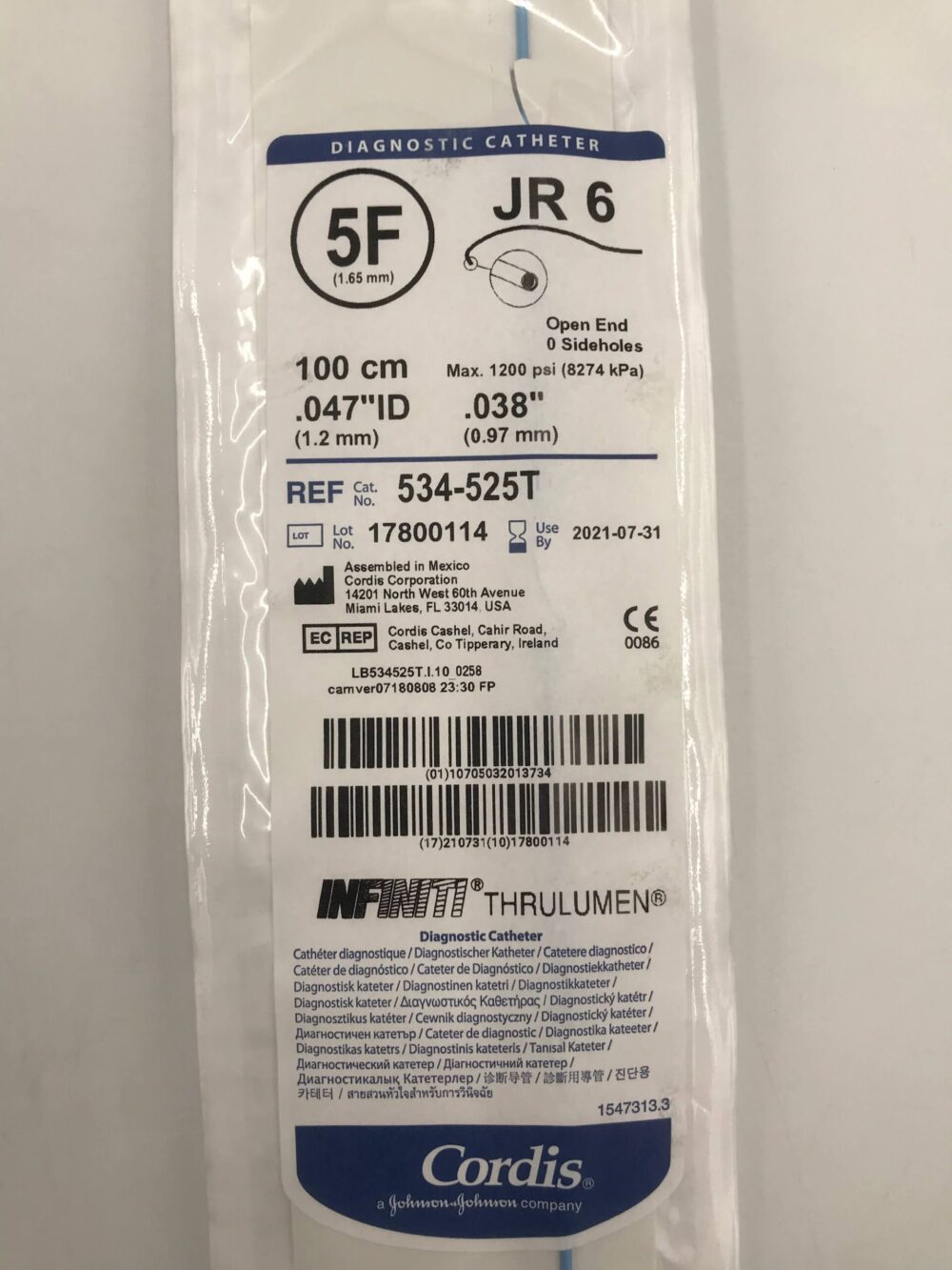 Cordis 534-525T Infiniti Thrulumen Diagnostic Catheter JR 6 5F 100cm (X ...