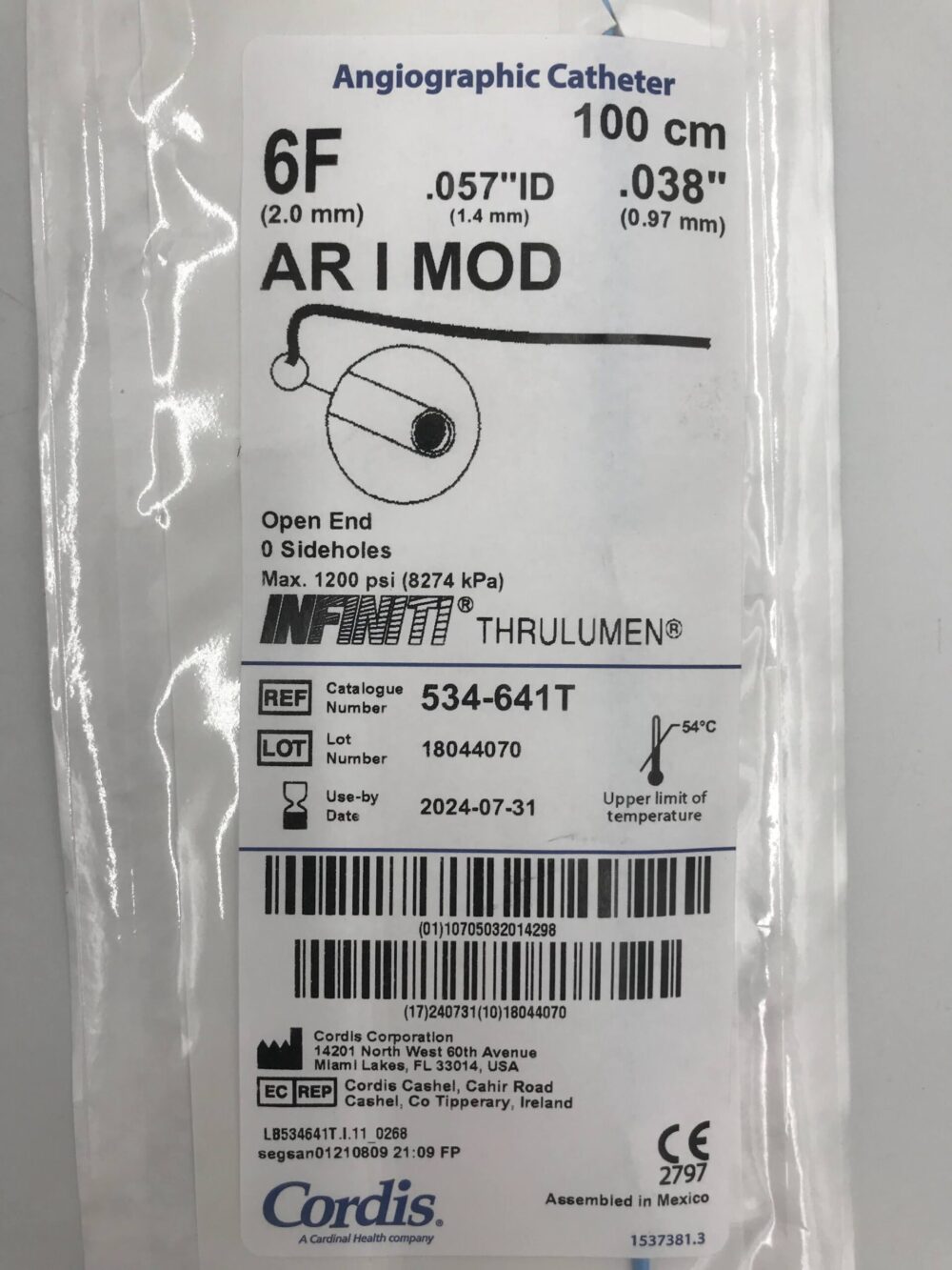 Cordis 534-641T Infiniti Thrulumen Angiographic Catheter AR I MOD 6F ...
