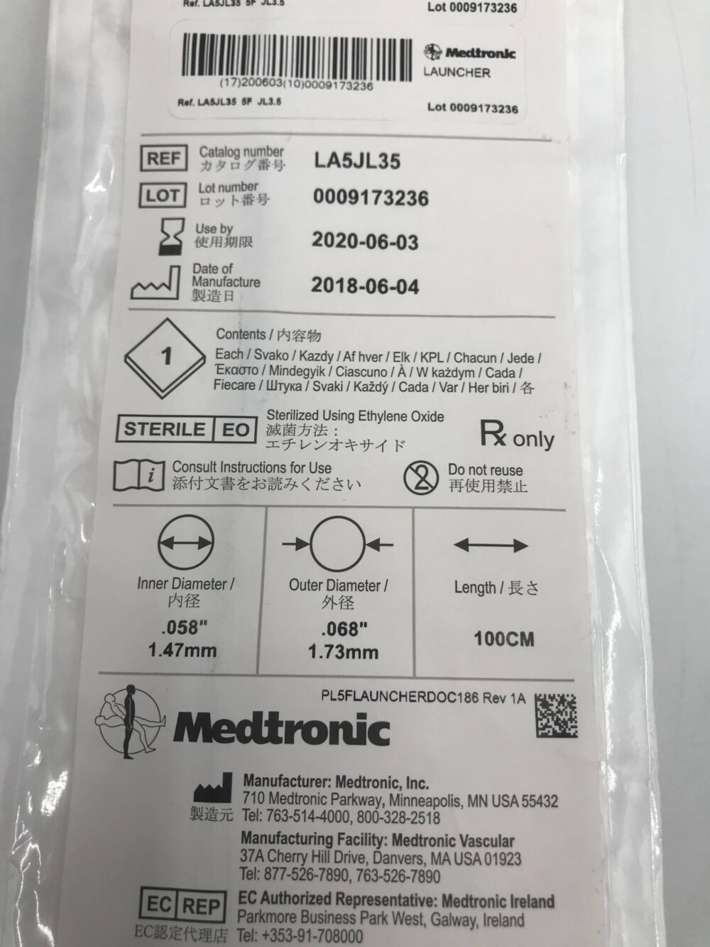 Medtronic LA5JL35 Launcher Guiding Catheter .058" JL3.5 5F 100cm (X) - GB TECH USA