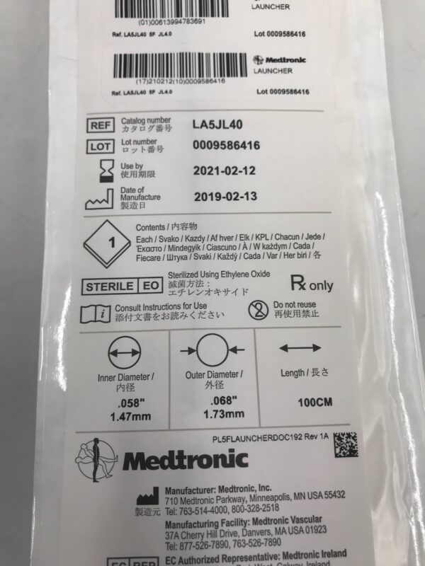 Medtronic LA5JL40 Launcher Guiding Catheter .058″ JL4.0 5F 100cm (X ...