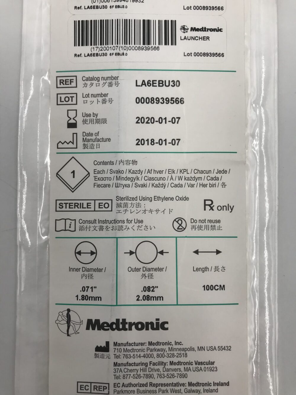 Medtronic LA6EBU30 Launcher Guiding Catheter EBU3.0 6F 100cm (X) – GB ...
